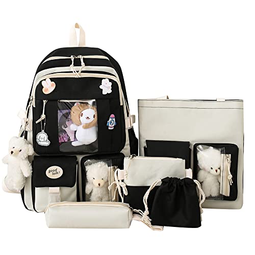 Kawaii Backpack 5Pcs Set Aesthetic School Bags 17in Cute Bookbag with Badge&Pendant,Shoulder Bag,Pencil Box,Tote Bag,Small Bag Black