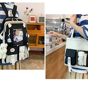 Kawaii Backpack 5Pcs Set Aesthetic School Bags 17in Cute Bookbag with Badge&Pendant,Shoulder Bag,Pencil Box,Tote Bag,Small Bag Black