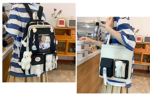 Kawaii Backpack 5Pcs Set Aesthetic School Bags 17in Cute Bookbag with Badge&Pendant,Shoulder Bag,Pencil Box,Tote Bag,Small Bag Black