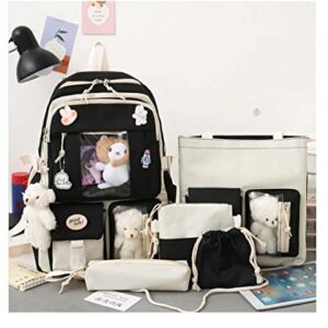 Kawaii Backpack 5Pcs Set Aesthetic School Bags 17in Cute Bookbag with Badge&Pendant,Shoulder Bag,Pencil Box,Tote Bag,Small Bag Black