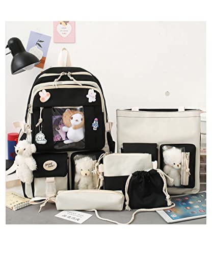 Kawaii Backpack 5Pcs Set Aesthetic School Bags 17in Cute Bookbag with Badge&Pendant,Shoulder Bag,Pencil Box,Tote Bag,Small Bag Black