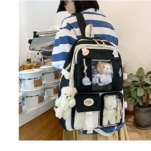 Kawaii Backpack 5Pcs Set Aesthetic School Bags 17in Cute Bookbag with Badge&Pendant,Shoulder Bag,Pencil Box,Tote Bag,Small Bag Black