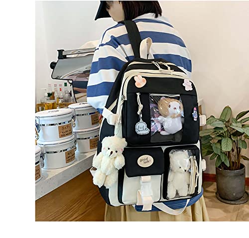 Kawaii Backpack 5Pcs Set Aesthetic School Bags 17in Cute Bookbag with Badge&Pendant,Shoulder Bag,Pencil Box,Tote Bag,Small Bag Black