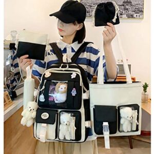 Kawaii Backpack 5Pcs Set Aesthetic School Bags 17in Cute Bookbag with Badge&Pendant,Shoulder Bag,Pencil Box,Tote Bag,Small Bag Black