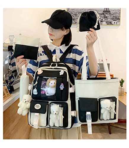 Kawaii Backpack 5Pcs Set Aesthetic School Bags 17in Cute Bookbag with Badge&Pendant,Shoulder Bag,Pencil Box,Tote Bag,Small Bag Black