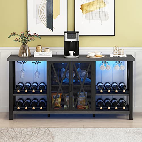 O&K FURNITURE Wine Bar Cabinet for Liquor and Glass with Storage & LED Lights, Rustic Metal Wood Wine Rack Buffet Cabinet, Industrial Coffee Bar Cabinet for Living Room, Home Bar (Grey)