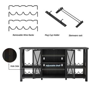 O&K FURNITURE Wine Bar Cabinet for Liquor and Glass with Storage & LED Lights, Rustic Metal Wood Wine Rack Buffet Cabinet, Industrial Coffee Bar Cabinet for Living Room, Home Bar (Grey)