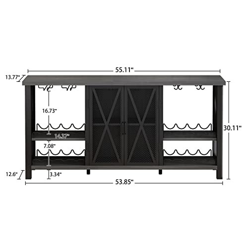 O&K FURNITURE Wine Bar Cabinet for Liquor and Glass with Storage & LED Lights, Rustic Metal Wood Wine Rack Buffet Cabinet, Industrial Coffee Bar Cabinet for Living Room, Home Bar (Grey)