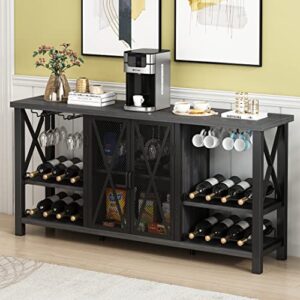 O&K FURNITURE Wine Bar Cabinet for Liquor and Glass with Storage & LED Lights, Rustic Metal Wood Wine Rack Buffet Cabinet, Industrial Coffee Bar Cabinet for Living Room, Home Bar (Grey)