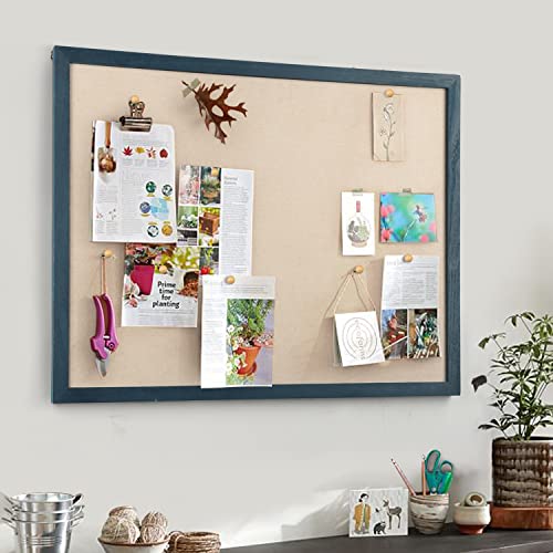 Miratino Bulletin Board 23x18 inch Large with Linen Wood Boards Wall Decor Hanging Pin Wood Framed Display Bulletin Cork Photo Picture Board Light for Room School Office Bedroom 20-Pushpin Dark Blue