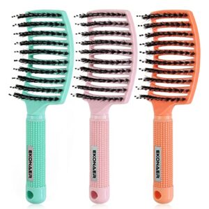 ekonaer 3 pack vented quick drying massage blow detangler brush,boar bristle hair brush set-curved,detangling hair brush for women long,thick, thin, curly(green)