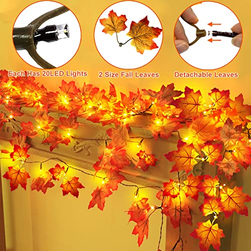 [ Timer & Thicker Leaves ] 3 Pack Fall Garland Lights Fall Decoration Home Total 120 Leaves 60LED 30Ft Waterproof Battery Powered Two Leaves Paired with each Bright LED Halloween Thanksgiving Decor