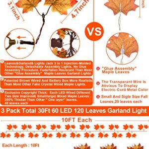 [ Timer & Thicker Leaves ] 3 Pack Fall Garland Lights Fall Decoration Home Total 120 Leaves 60LED 30Ft Waterproof Battery Powered Two Leaves Paired with each Bright LED Halloween Thanksgiving Decor