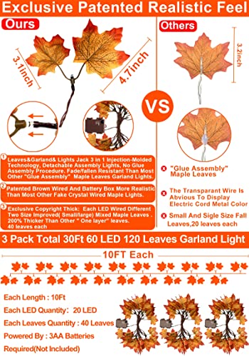 [ Timer & Thicker Leaves ] 3 Pack Fall Garland Lights Fall Decoration Home Total 120 Leaves 60LED 30Ft Waterproof Battery Powered Two Leaves Paired with each Bright LED Halloween Thanksgiving Decor