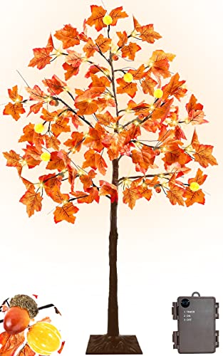 TURNMEON 4 Feet Prelit Maple Tree Fall Decorations Fall Tree Decor with Timer Pumpkin Lights 60 LED Warm Lights Acorn Brown Battery Box Thick Fall Tree Autumn Thanksgiving Indoor Outdoor Party