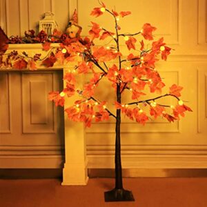 TURNMEON 4 Feet Prelit Maple Tree Fall Decorations Fall Tree Decor with Timer Pumpkin Lights 60 LED Warm Lights Acorn Brown Battery Box Thick Fall Tree Autumn Thanksgiving Indoor Outdoor Party