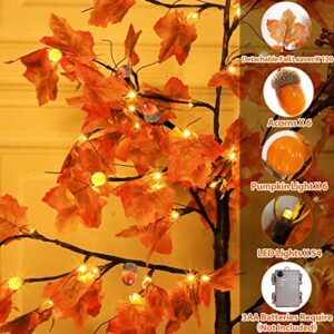 TURNMEON 4 Feet Prelit Maple Tree Fall Decorations Fall Tree Decor with Timer Pumpkin Lights 60 LED Warm Lights Acorn Brown Battery Box Thick Fall Tree Autumn Thanksgiving Indoor Outdoor Party