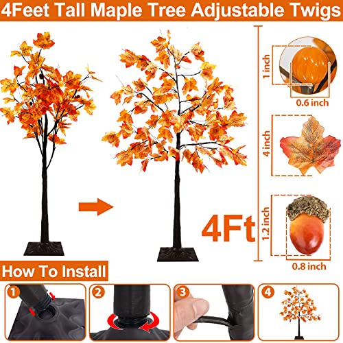 TURNMEON 4 Feet Prelit Maple Tree Fall Decorations Fall Tree Decor with Timer Pumpkin Lights 60 LED Warm Lights Acorn Brown Battery Box Thick Fall Tree Autumn Thanksgiving Indoor Outdoor Party