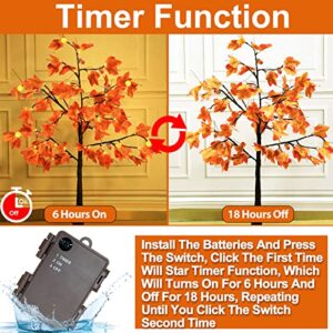 TURNMEON 4 Feet Prelit Maple Tree Fall Decorations Fall Tree Decor with Timer Pumpkin Lights 60 LED Warm Lights Acorn Brown Battery Box Thick Fall Tree Autumn Thanksgiving Indoor Outdoor Party