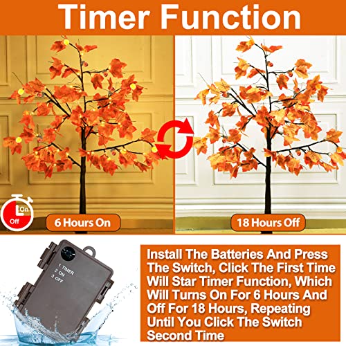 TURNMEON 4 Feet Prelit Maple Tree Fall Decorations Fall Tree Decor with Timer Pumpkin Lights 60 LED Warm Lights Acorn Brown Battery Box Thick Fall Tree Autumn Thanksgiving Indoor Outdoor Party