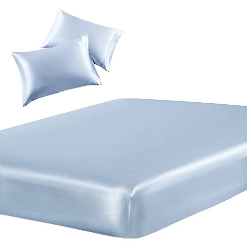 SiinvdaBZX 3-Piece Set Satin Twin Fitted Sheet & 2 Pillowcase, Baby Blue Silky Soft Fitted Bottom Sheet, Wrinkle Free, Fade Resistant, Deep Pocket Bed Sheet (Deep Up to 15")