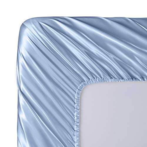 SiinvdaBZX 3-Piece Set Satin Twin Fitted Sheet & 2 Pillowcase, Baby Blue Silky Soft Fitted Bottom Sheet, Wrinkle Free, Fade Resistant, Deep Pocket Bed Sheet (Deep Up to 15")