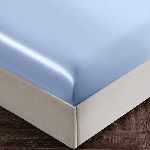 SiinvdaBZX 3-Piece Set Satin Twin Fitted Sheet & 2 Pillowcase, Baby Blue Silky Soft Fitted Bottom Sheet, Wrinkle Free, Fade Resistant, Deep Pocket Bed Sheet (Deep Up to 15")