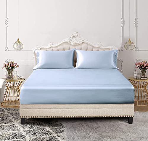 SiinvdaBZX 3-Piece Set Satin Twin Fitted Sheet & 2 Pillowcase, Baby Blue Silky Soft Fitted Bottom Sheet, Wrinkle Free, Fade Resistant, Deep Pocket Bed Sheet (Deep Up to 15")