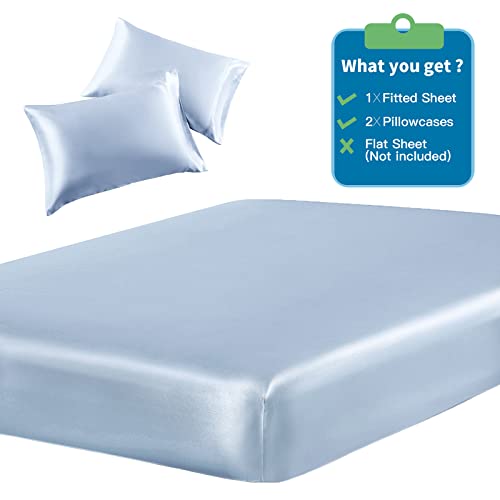 SiinvdaBZX 3-Piece Set Satin Twin Fitted Sheet & 2 Pillowcase, Baby Blue Silky Soft Fitted Bottom Sheet, Wrinkle Free, Fade Resistant, Deep Pocket Bed Sheet (Deep Up to 15")