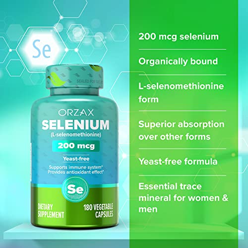 ORZAX Selenium, Helps Antioxidant & Immune Support System, Selenomethionine 200mcg, Thyroid Support* for Women and Men, Yeast and Dairy Free, 180 Vegetable Capsules (180 Day Supply)