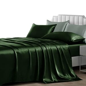 nsgz 4 pieces satin sheets queen, silky satin sheet sets with 1 fitted sheet, 1 flat sheet and 2 pillowcases, cooling bed sheet, extra soft satin fitted sheet, dark green