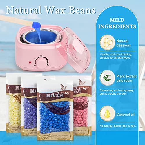 Setgnur Wax Warmer Kit,Hair Removal Waxing Kit 4 Formula Hard Wax Beads for Wax Machine Women and Men Wax Warmer Home Use with 20 Wax Sticks (Pink-Wax Kit)