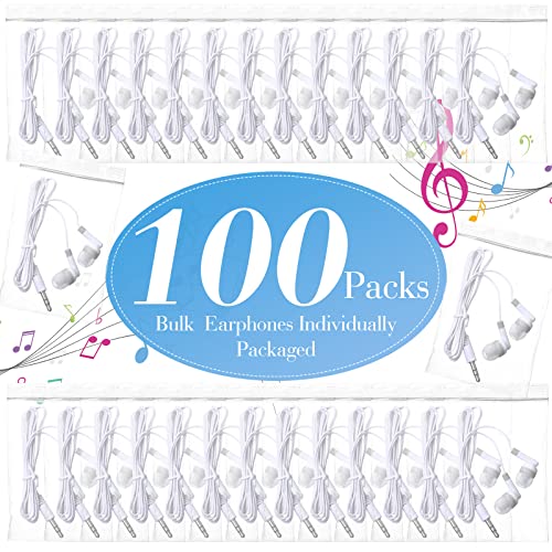 Konohan 100 Pack Bulk Earbuds for Classroom, Student Basic Headphones in Ear for Kids Schools Libraries Laptop,3.5 MM Earbuds Dot Headphones, Individually Bagged (White)