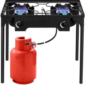 Bonnlo 2 Burner Outdoor Portable Propane Stove Gas Cooker, Heavy Duty Iron Cast Patio Burner with Detachable Stand Legs for Camp Cooking (2-Burner 150,000-BTU)