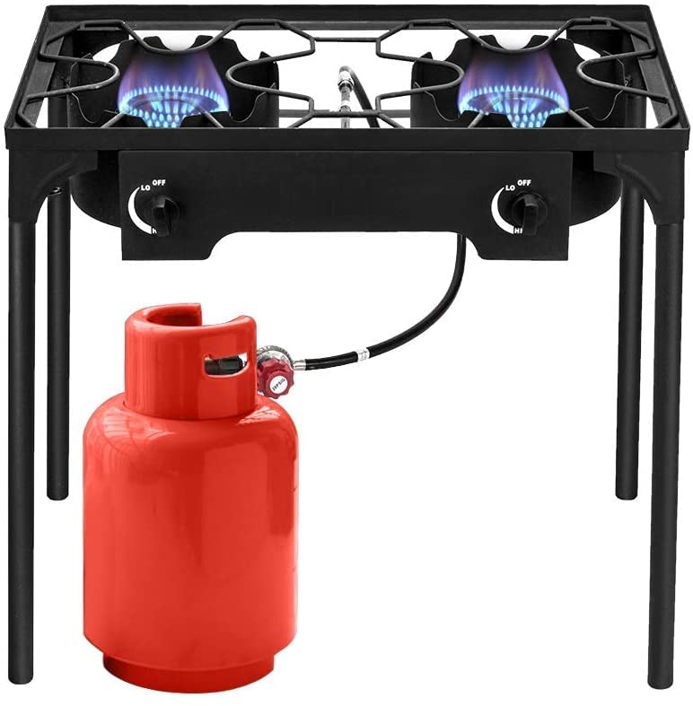 Bonnlo 2 Burner Outdoor Portable Propane Stove Gas Cooker, Heavy Duty Iron Cast Patio Burner with Detachable Stand Legs for Camp Cooking (2-Burner 150,000-BTU)