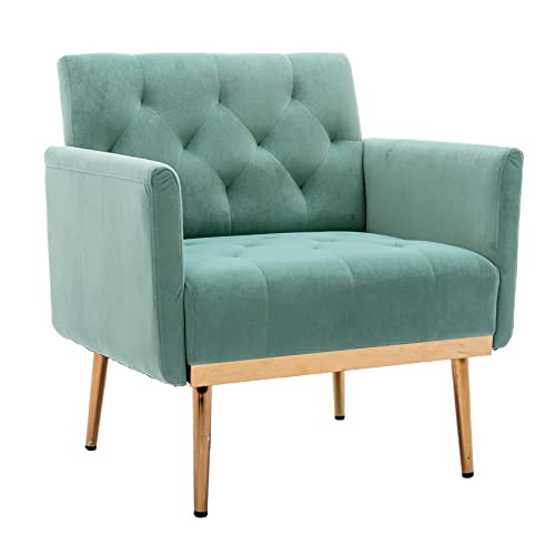 Olela Accent Chair with Arms for Living Room, Modern Tufted Single Sofa Armchair with Gold Metal Legs Upholstered Reading Chair for Bedroom Office Decorative (Velvet-Smooth Backrest, Mint Green)