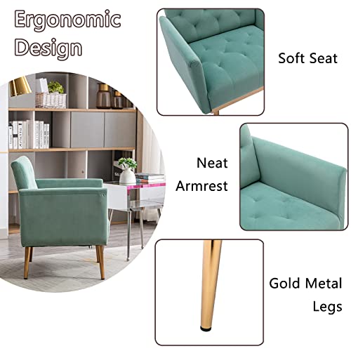 Olela Accent Chair with Arms for Living Room, Modern Tufted Single Sofa Armchair with Gold Metal Legs Upholstered Reading Chair for Bedroom Office Decorative (Velvet-Smooth Backrest, Mint Green)