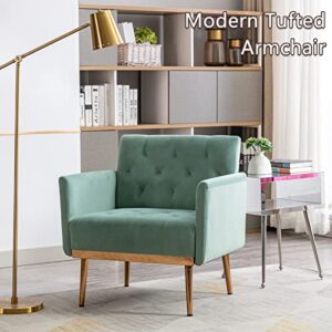 Olela Accent Chair with Arms for Living Room, Modern Tufted Single Sofa Armchair with Gold Metal Legs Upholstered Reading Chair for Bedroom Office Decorative (Velvet-Smooth Backrest, Mint Green)