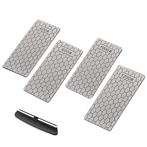 4 Pieces Diamond Sharpening Stone Fifchall Honing Stone Diamond Stone Lapping Plate Fine Coarse Bench Stone for Kitchen Sharpening Blade Blunt Chisel, 400, 600, 1000, 1200 Grit, with Angle Guide