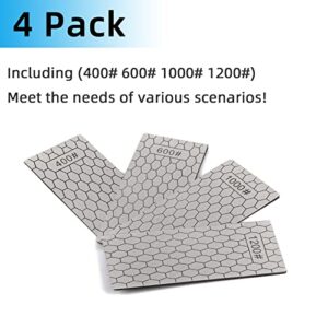 4 Pieces Diamond Sharpening Stone Fifchall Honing Stone Diamond Stone Lapping Plate Fine Coarse Bench Stone for Kitchen Sharpening Blade Blunt Chisel, 400, 600, 1000, 1200 Grit, with Angle Guide