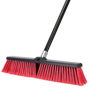 18 inches push broom outdoor garden broom with 63" long handle for deck driveway garage yard patio concrete floor cleaning(red)