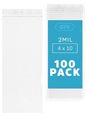 GPI - 100 CASE, 4" x 10" Long, Clear Plastic RECLOSABLE Zip Bags - Bulk, 2 Mil Thick, Durable, Resealable Poly Baggies with Zip Top Lock for Packaging & Shipping Incense, Necklaces & Jewelry