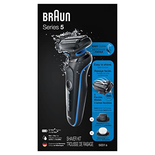 Braun Series 5 5031s Electric Shaver with Precision Trimmer and Cleansing Brush Attachments, Wet & Dry, Rechargeable, Cordless Foil Shaver, Blue