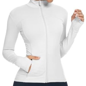 QUEENIEKE Womens Sports Jacket Turtleneck Slim Fit Full-Zip Running Top Size M White