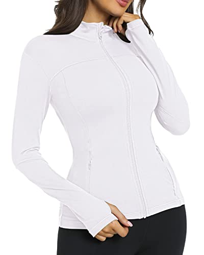 QUEENIEKE Womens Sports Jacket Turtleneck Slim Fit Full-Zip Running Top Size M White