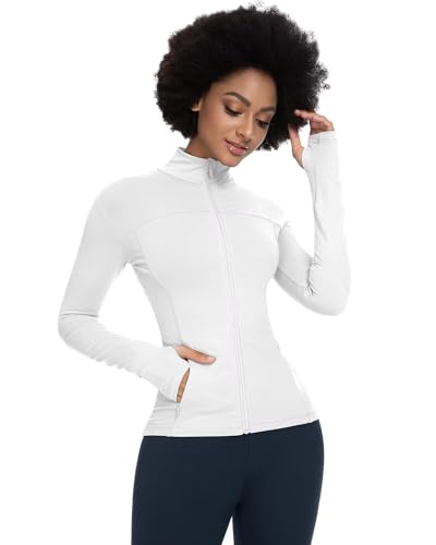 QUEENIEKE Womens Sports Jacket Turtleneck Slim Fit Full-Zip Running Top Size M White