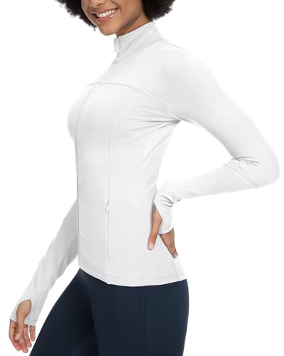 QUEENIEKE Womens Sports Jacket Turtleneck Slim Fit Full-Zip Running Top Size M White