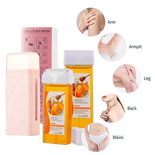 Roll on Wax Kit for Hair Removal, Roller Waxing Kit for Man Women Wax Roller Kit with 2 Soft Honey Wax Cartridge/100 Pcs Wax Strips, Waxing kit, foreverLily