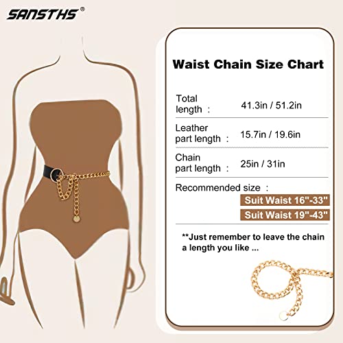 SANSTHS Women Chain Belt, Skinny Faux Leather Waist Belt with Gold Alloy O -Ring Pin Buckle for dress Summer S,Black