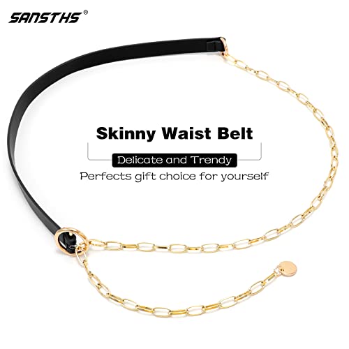 SANSTHS Women Chain Belt, Skinny Faux Leather Waist Belt with Gold Alloy O -Ring Pin Buckle for dress Summer S,Black